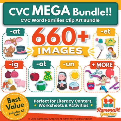 CVC Word Families Clip Art Bundle (660+ Images) | Phonics Clipart